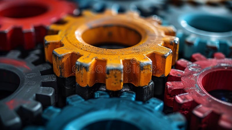 Detailed View of Multiple Colored Gears Interlocked in Mechanical ...