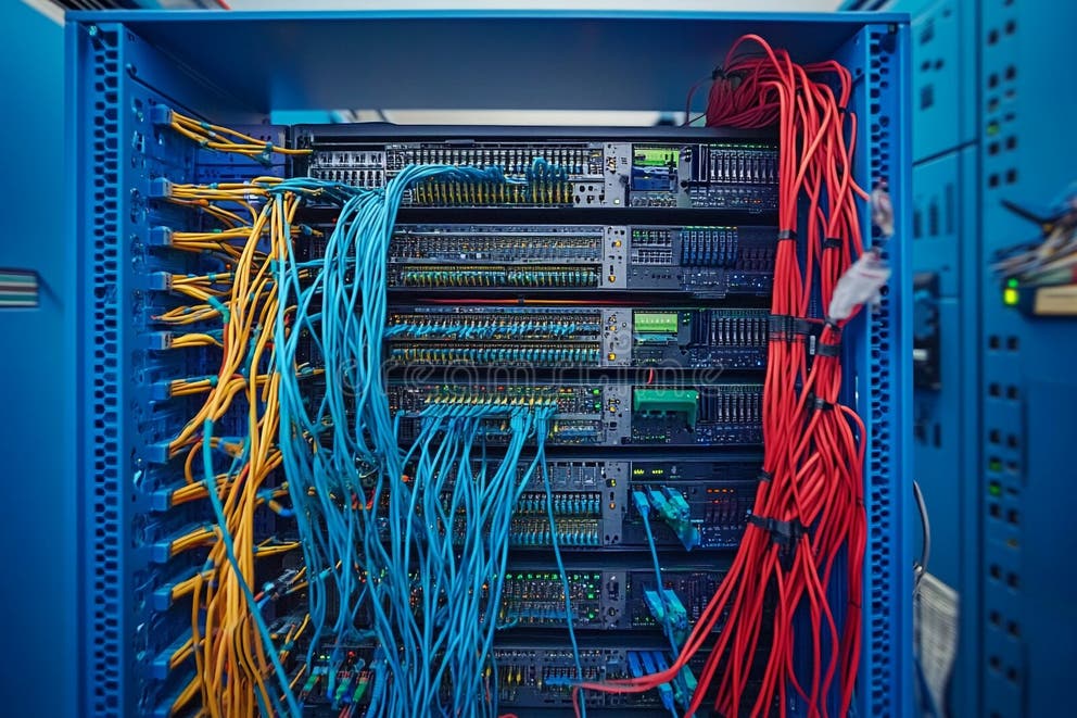 Network Server Rack with Many Colorful Cables and Connections Stock ...