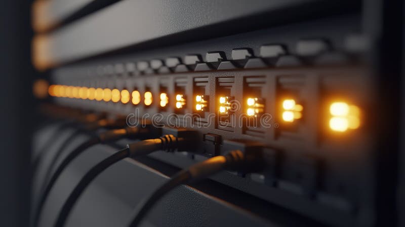 Detailed View of Network Switches with Illuminated Lights in a Server ...
