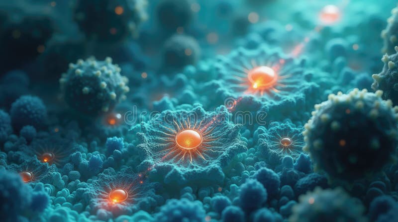 A Detailed View of Numerous Glowing Cells in a Colorful ...