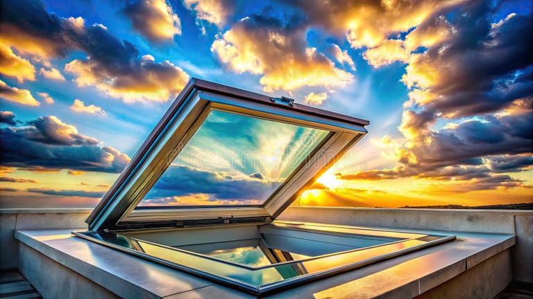 A Detailed View of an Open Rooftop Hatch Under a Dramatic Cloudy Sky ...