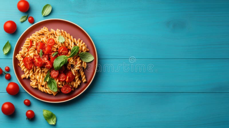 A Detailed View of Pasta Topped with Fresh Tomatoes and Basil Leaves ...