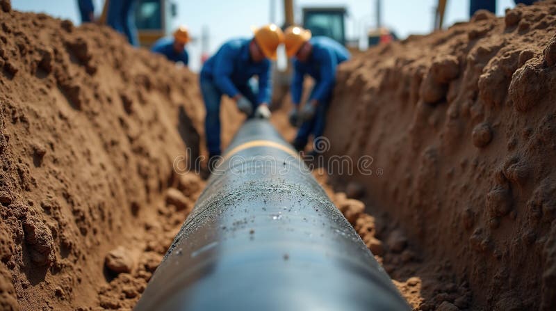Close-Up of Industrial Pipeline Installation by Construction Workers in ...