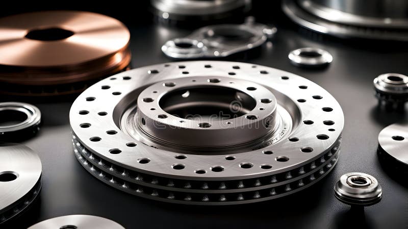 Detailed View of Polished Metal Brake Discs and Components on a Black ...
