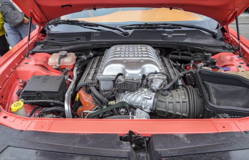 Detailed View of a Powerful Hemi Engine in an Orange Dodge Challenger ...