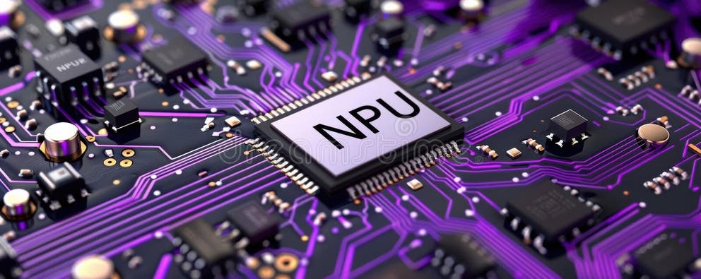 Detailed View of a Purple-lit Circuit Board Featuring NPU Components for Advanced Processing ...