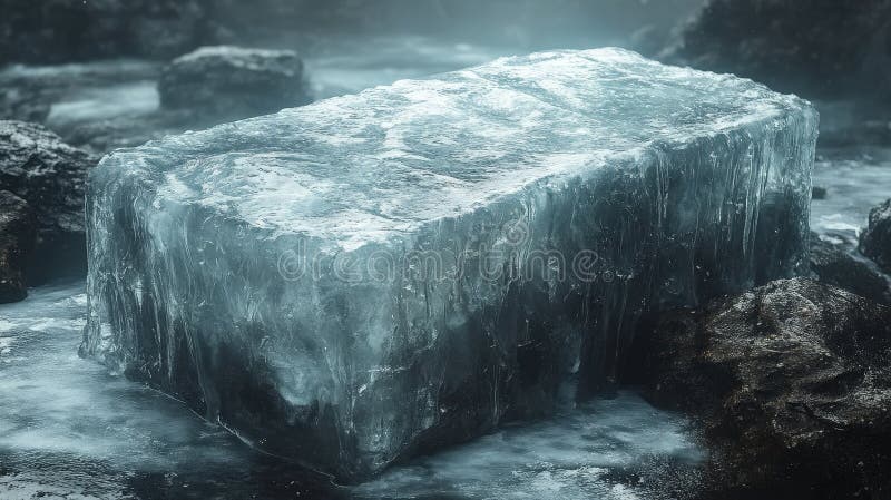 Frozen Ice Block on Rocky Surface in Misty Landscape Stock Image ...