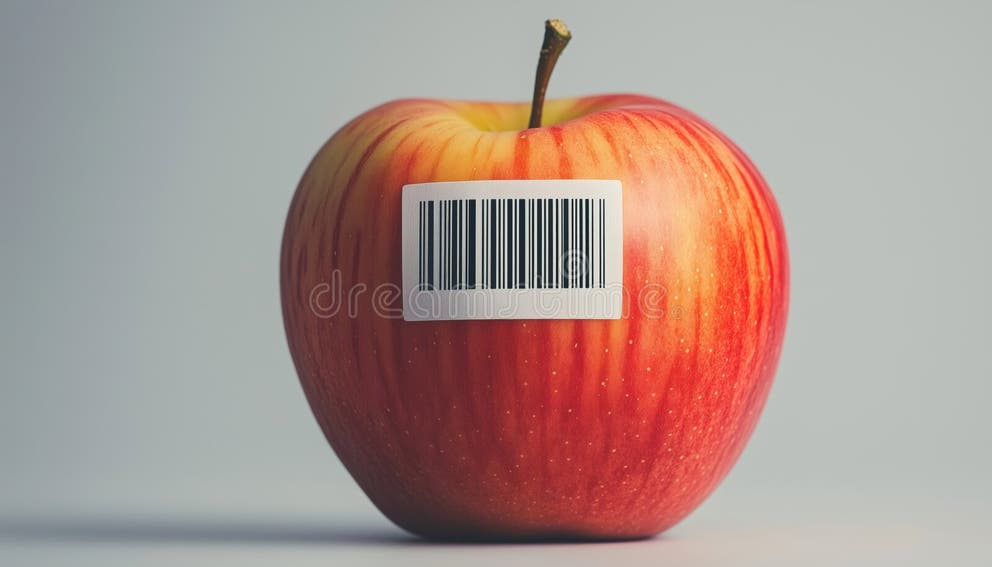 Detailed View of Red Apple Featuring Barcode Label Stock Image - Image ...