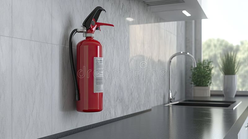 A Detailed View of a Red Fire Extinguisher Mounted on a Kitchen Wall ...