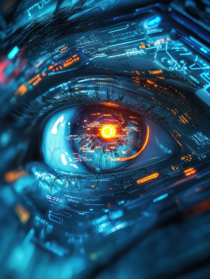Close Up View of a Robotic Eye Softly Glowing Amidst Intricate Circuits ...