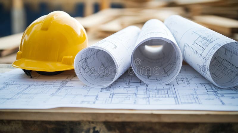 Construction Site Essentials Rolled Blueprints and Hard Hat on a Wooden ...