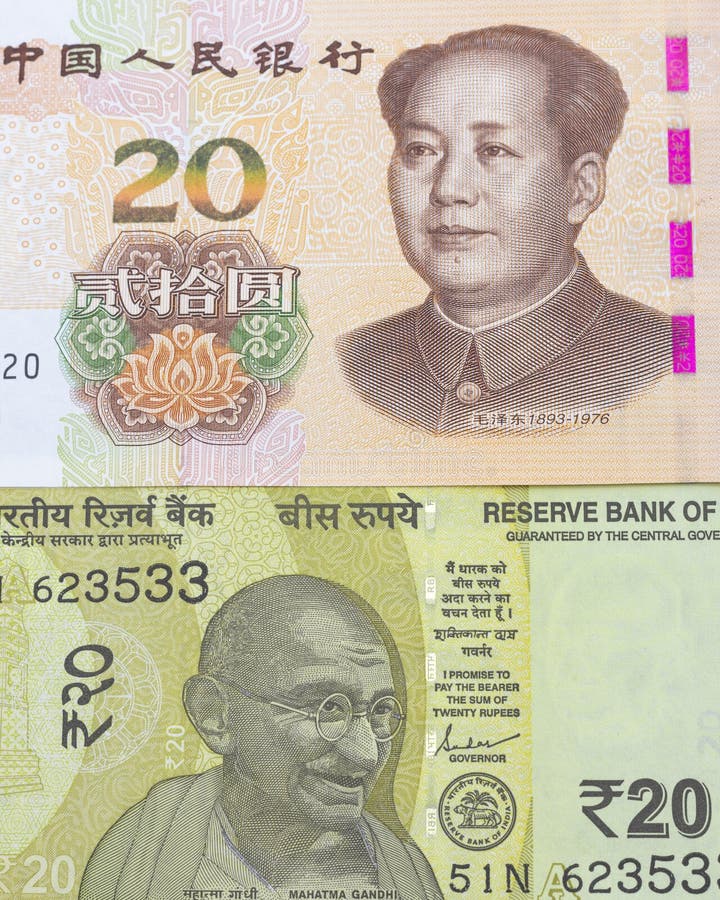 Detailed View of 20 Rupees and 20 Yuan Notes Stock Image - Image of ...