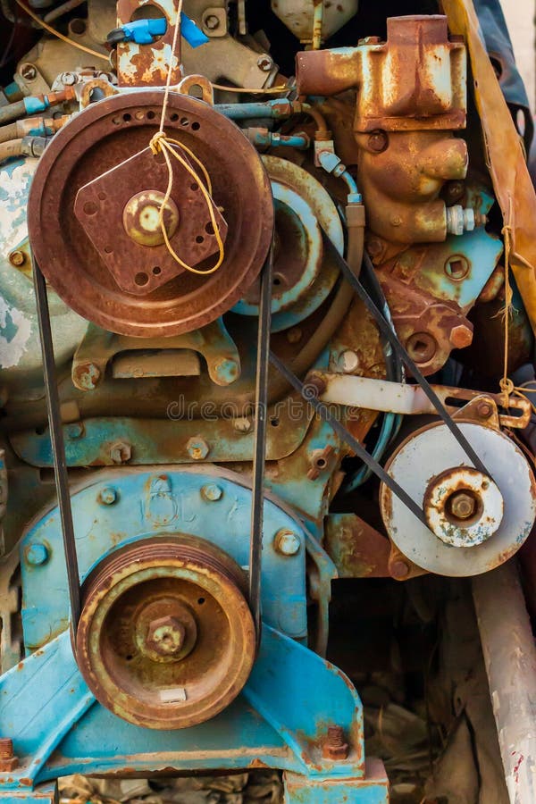 Rustic Industrial Engine Detail with Belts and Pulleys in Focus Stock Image - Image of ...