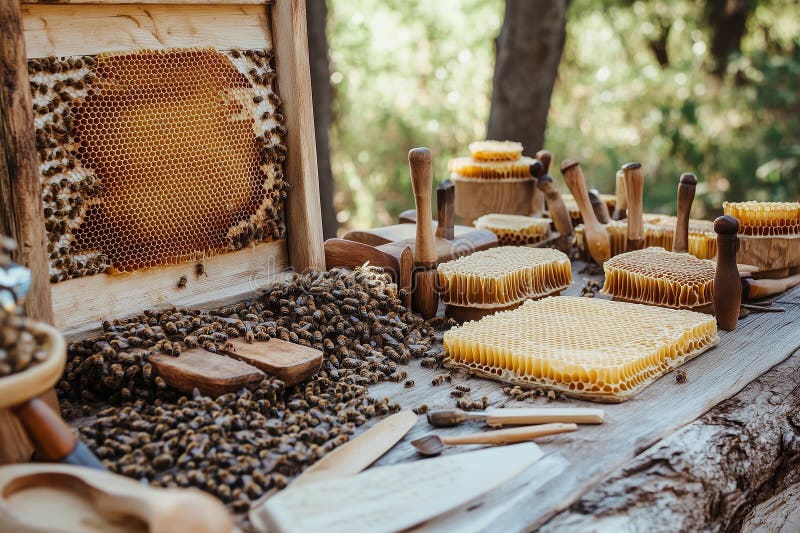 Traditional Beekeeping Setup with Honeycomb and Beekeeper Tools in a ...