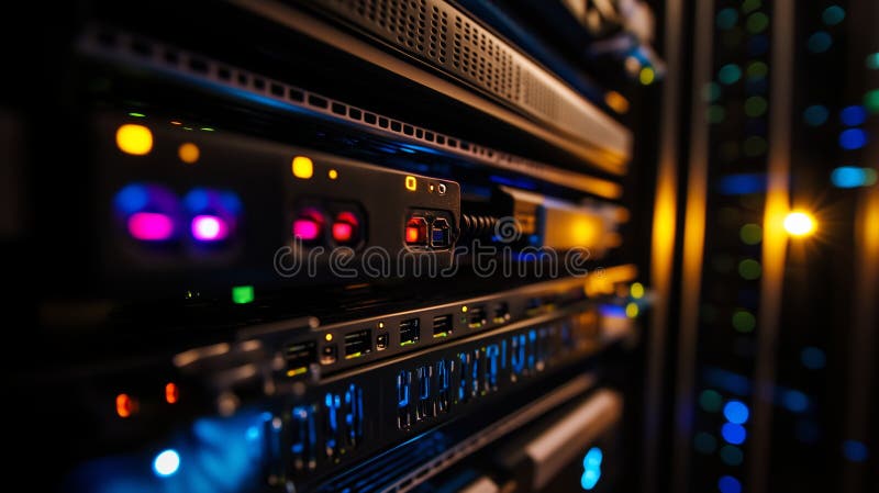 Detailed View of Server Equipment in a Data Center. the LEDs on the ...