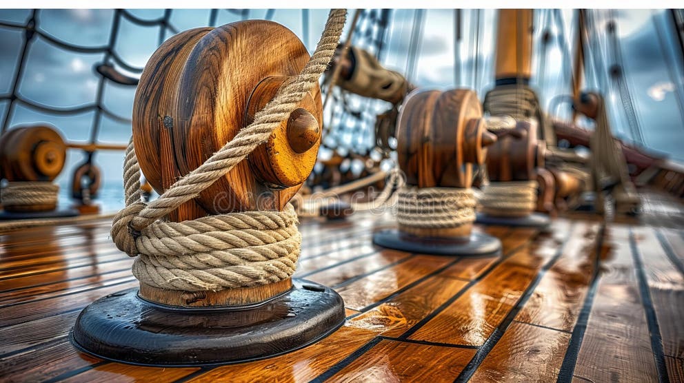 Detailed View of Ship Deck with Rope and Pulley Stock Illustration ...