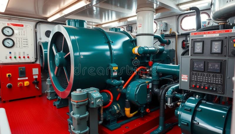 Examining Ship Engine Room with Marine Generator and Control Panel ...