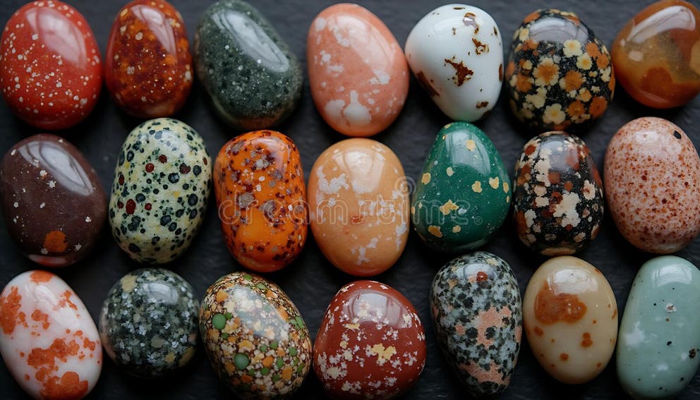 A Collection of Speckled Egg Shaped Stones in Various Colors and ...