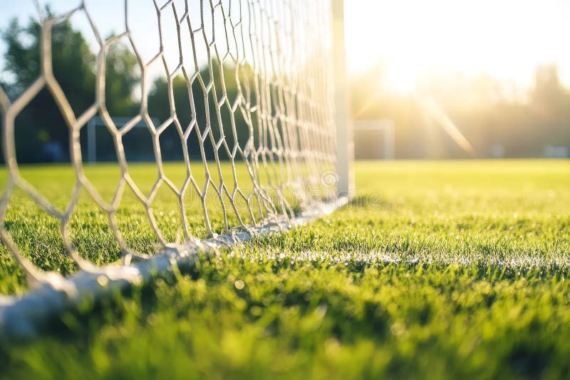 Detailed View of a Soccer Net with a Grassy Field and Sunlight Stock ...
