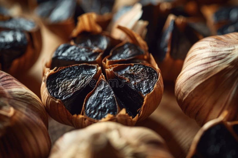 A Detailed View of Split Black Garlic Bulbs, Exposing Their Velvety ...