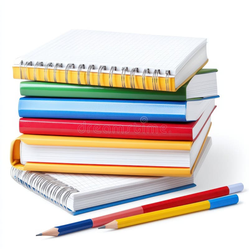 A Detailed View of Stacked Notebooks Alongside Pencils, Showcasing a ...