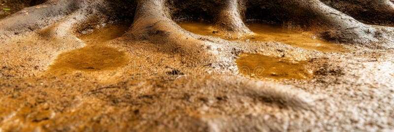Detailed View of Tree Root System with Water Puddles on Muddy Surface ...