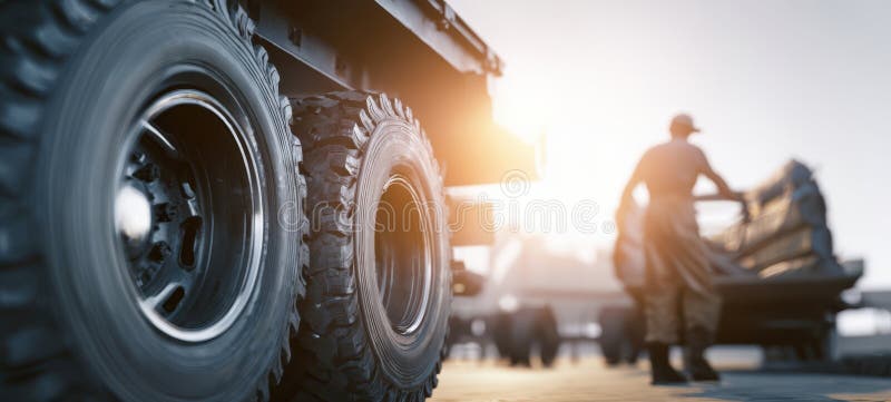 The Detailed View of Truck Wheels with Workers Loading Cargo at Sunset ...