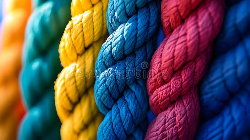 Detailed View of Vibrant Braided Ropes Intertwined, Featuring Bold ...