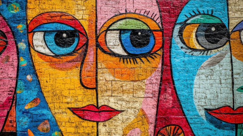 A Detailed View of a Wall Painting Featuring Three Distinct Faces ...