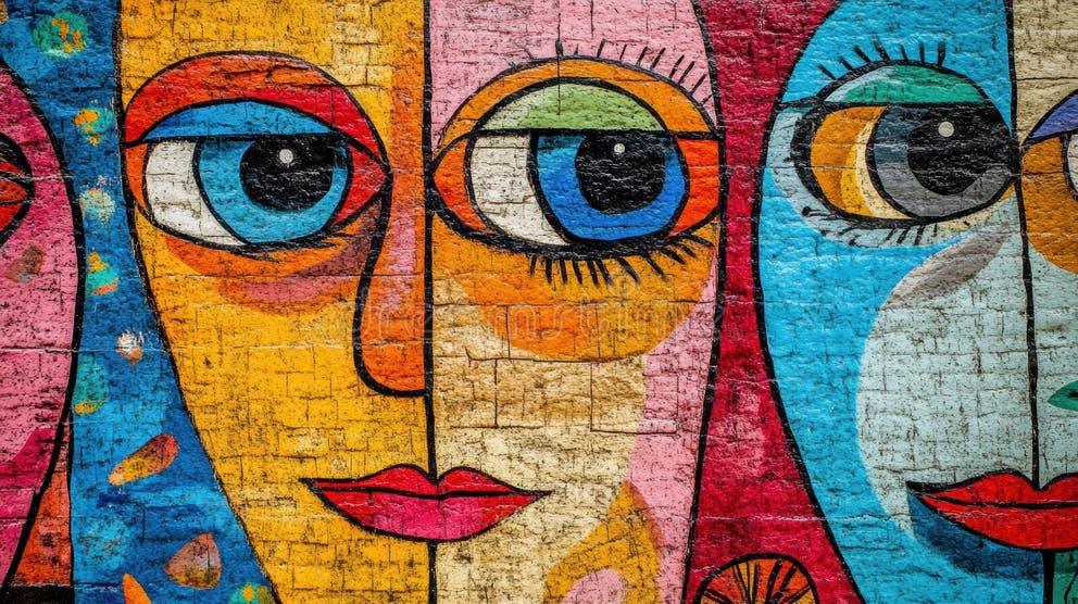 A Detailed View of a Wall Painting Featuring Three Distinct Faces ...