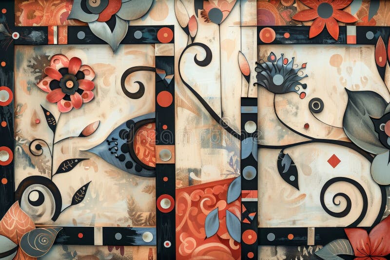 Detailed View of a Whimsical Painting with Abstract Shapes and Colors ...