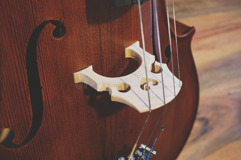 Detailed View of a Wooden Double Bass Bridge with Strings Stock Photo ...