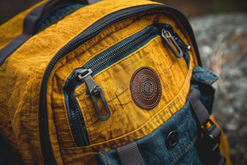 Detailed View of a Yellow and Blue Backpack, Suitable for Outdoor ...