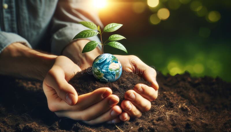 Detailed View of a Young Tree Sapling in Soil with a Miniature Earth ...