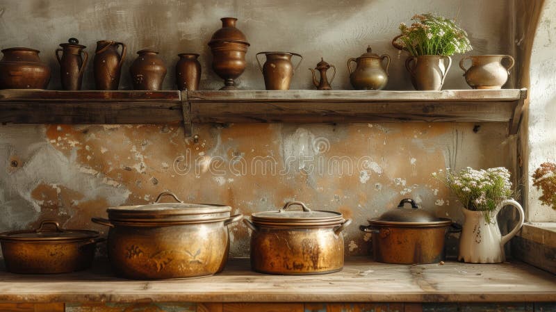 Detailed Vintage Rustic Kitchen Still Life with Cookware in Warm Tones ...