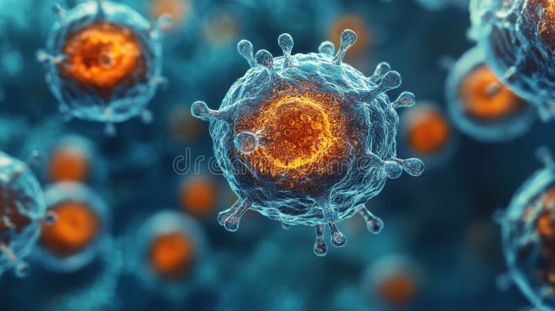 Detailed of Virus or Bacteria Cell with Glowing Orange Core and Spiny ...