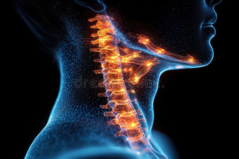 Digital Rendering of the Human Neck and Spine with Glowing Nerves Stock ...