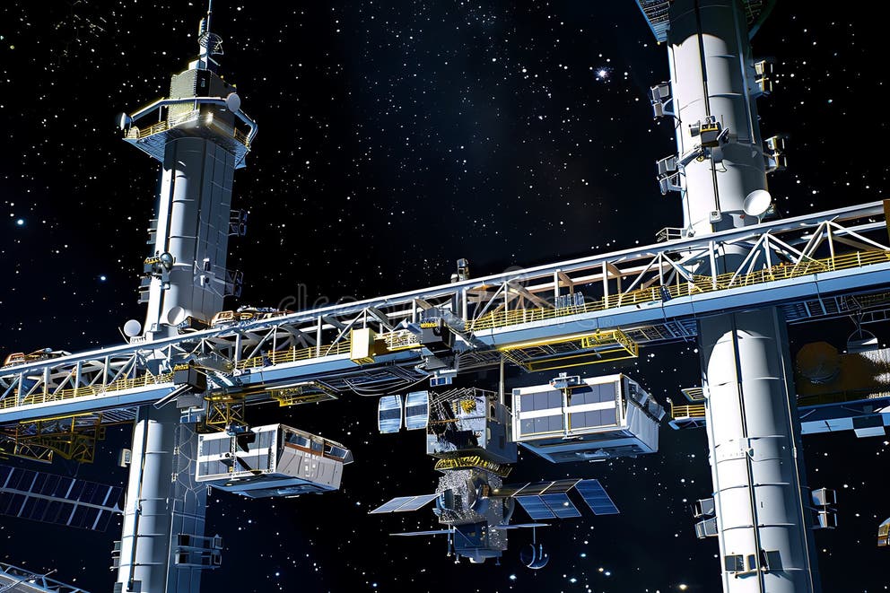 Detailed Visualization of a Futuristic Space Station in Orbit Stock ...