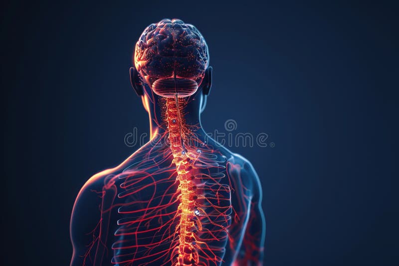 Human Nervous System, Rear View of Nerve Pathways Glowing. Futuristic ...