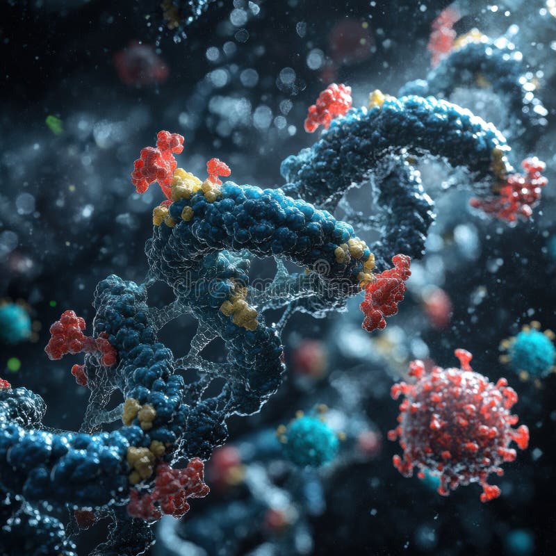 Close Up View of Molecular RNA Chain with Surrounding Viruses ...