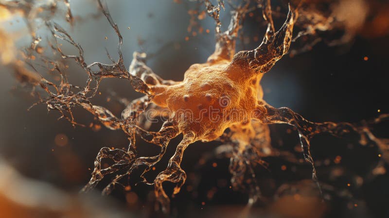 Detailed Visualization of a Neuron with Bright Orange Highlights Stock ...