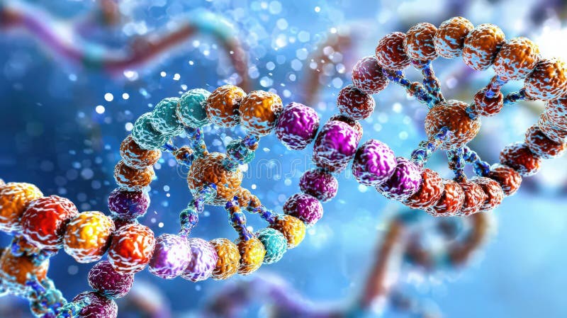 3D Rendering of RNA Strand with Glowing Nucleotide Bases in a Vibrant ...