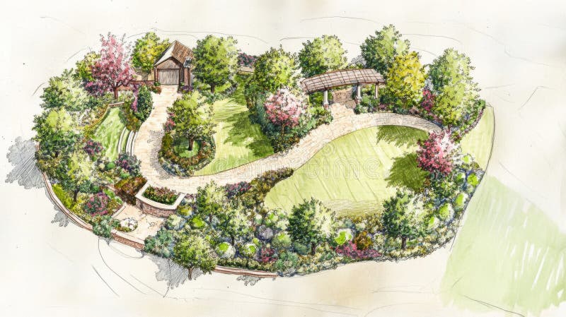 Detailed Watercolor Garden Landscape Design Plan Stock Illustration ...