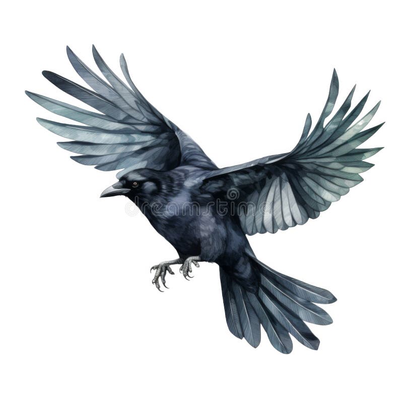 A Detailed Watercolor Illustration of a Flying Crow Stock Illustration ...