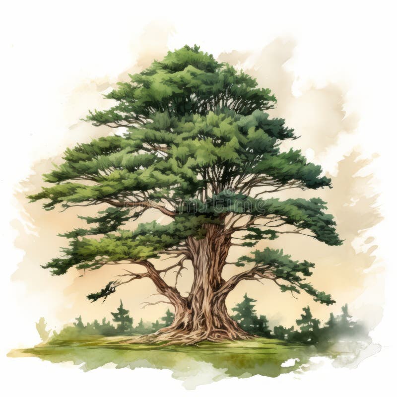Detailed Watercolor Illustration of an Old Cypress Tree Stock ...