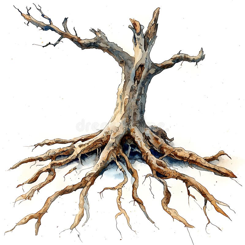 Watercolor Painting of a Dead Tree with Exposed Roots Against a White ...