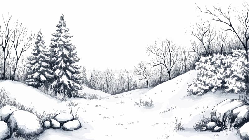 Detailed Winter Landscape Drawing by Hand: Professional Artwork with ...