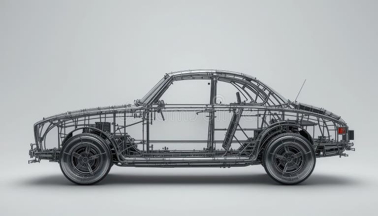 Detailed Wireframe Model of a Classic Car in Profile View, Showcasing ...