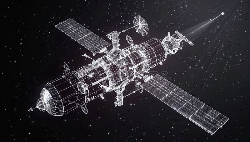 Detailed Wireframe Model of a Spacecraft Against a Starry Background ...