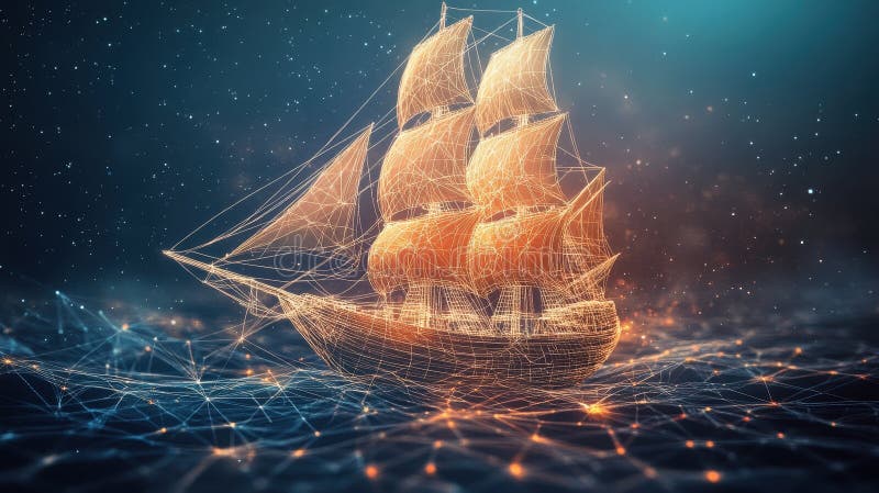Futuristic Wireframe Sailing Ship on Digital Ocean Stock Image - Image ...